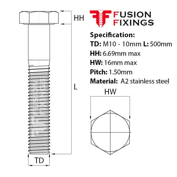 M10 x 500mm Hex Bolt, A2 Stainless Steel Hex Head Bolt, DIN 931