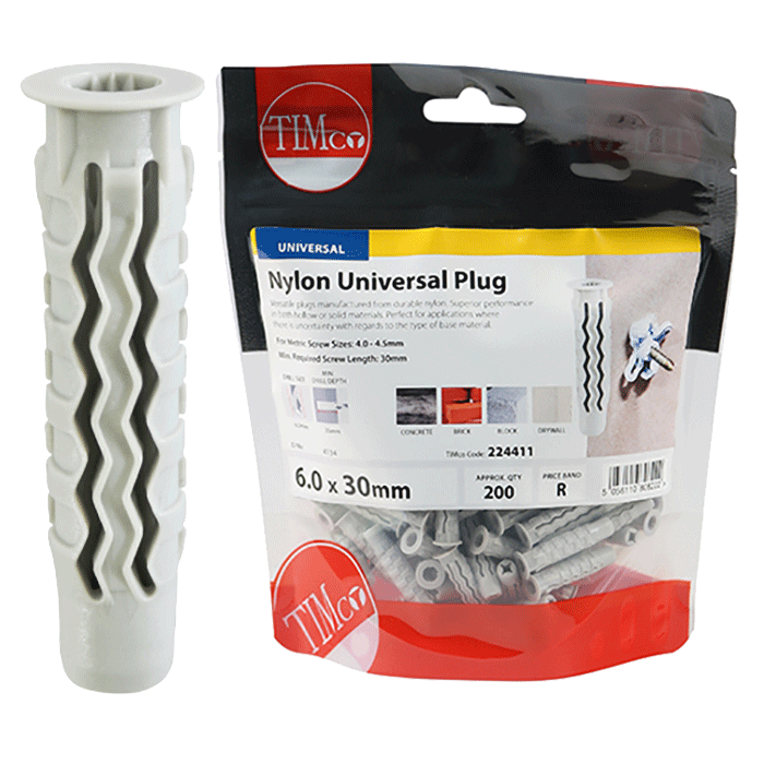 6 x 30mm Nylon Wall Plugs - Screw Size 4.5mm - 50mm - Bag of 200