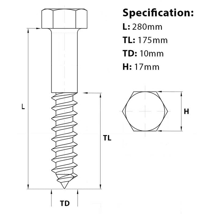 Great price on M10 x 280mm, A2 stainless steel COACH SCREW DIN 571