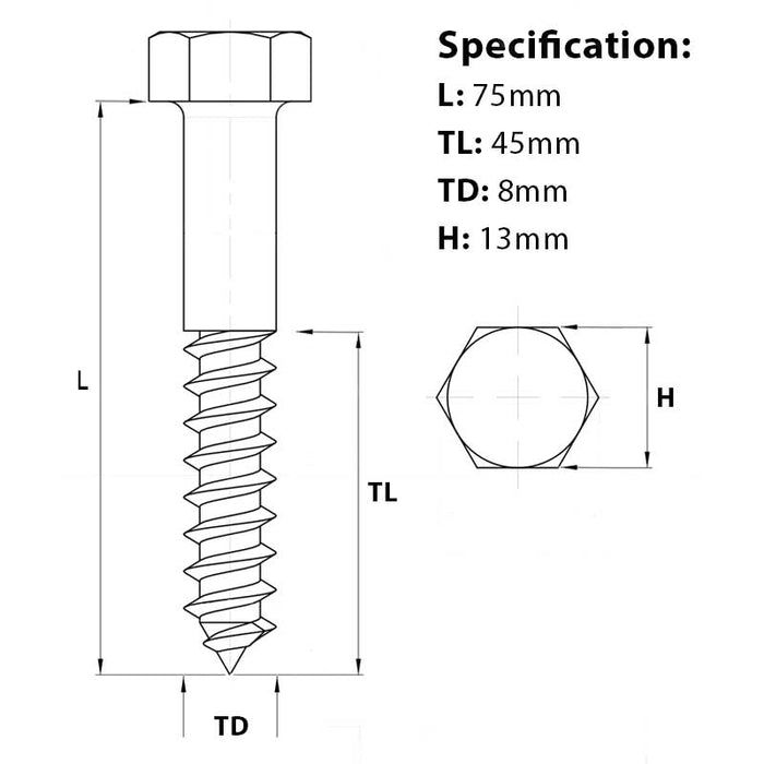 Corrosion resistant M8 x 75mm Stainless Steel Coach Screws DIN 571