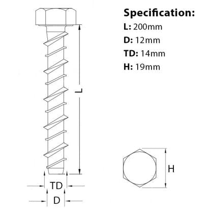 M12/14 x 200mm Hex Head Anchor Bolt BZP Grade 8.8 - Concrete Screw