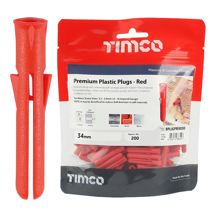 5.5 x 34mm Premium Red Wall Plugs - Screw Size 3.5mm - 4.8mm - Bag of 200