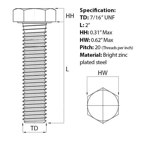 7/16 UNF x 2″ Hex Set Screw, BZP BS 1768, Fully Threaded Bolt