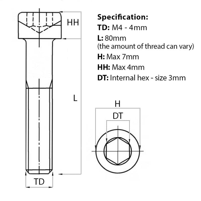 Buy M4 x 80mm Socket Cap Head Screw, Self Colour, DIN 912