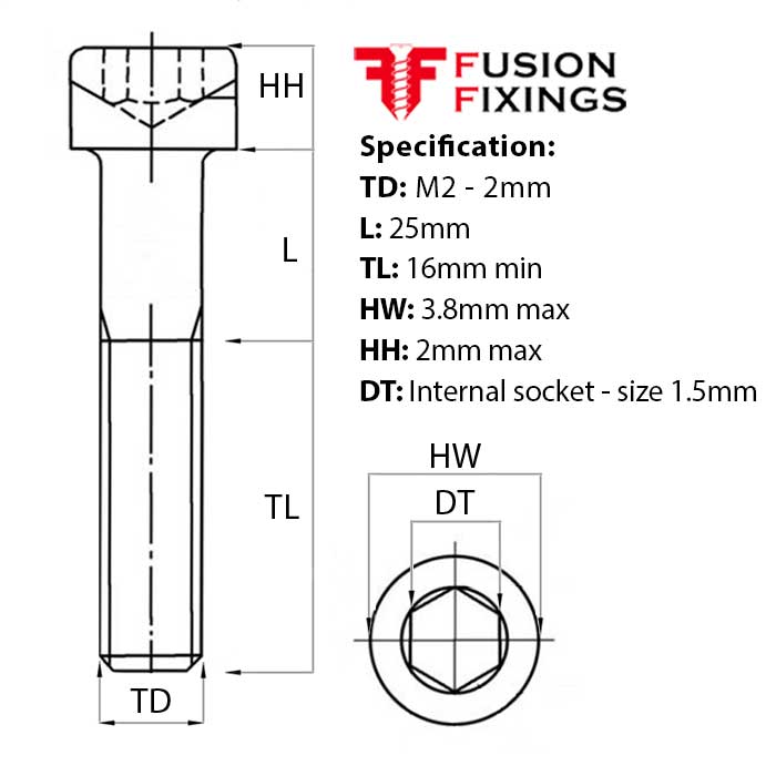 M2 x 25mm Socket Cap Head Screw, A2 stainless steel, DIN 912,